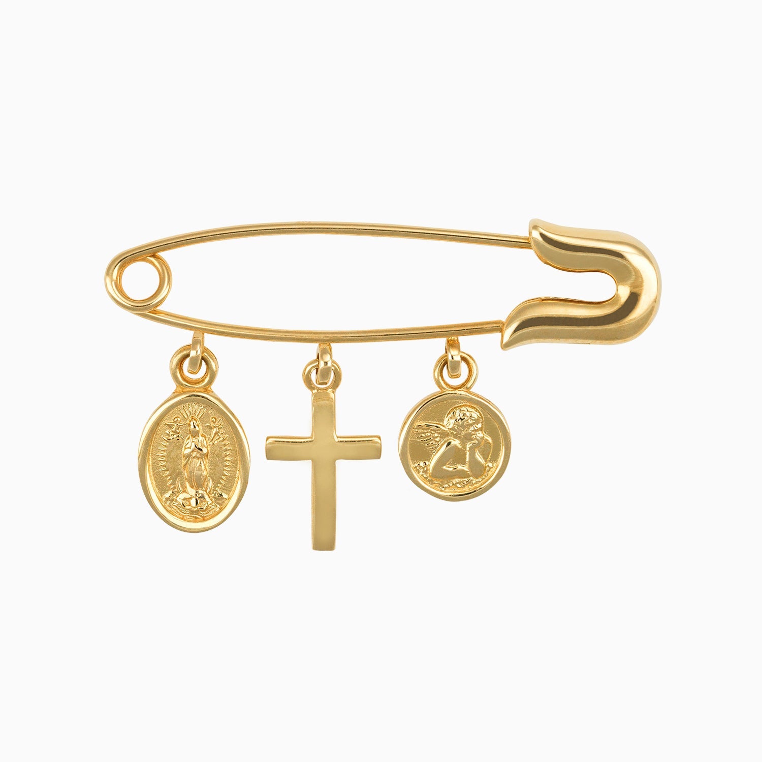 Broche personalizado broche seguro con dijes: virgen, cruz y ángel 14k