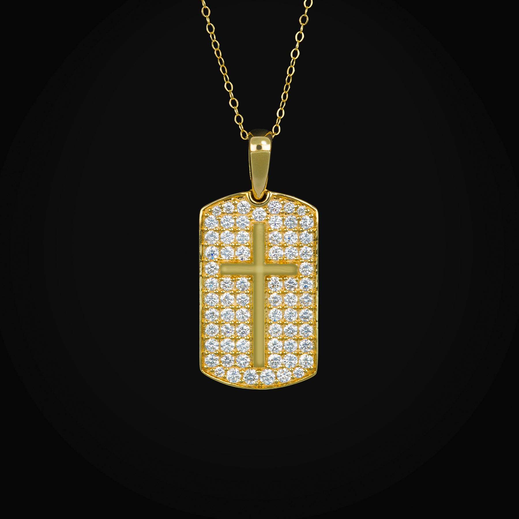 Cadena Placa Militar con Cruz Lisa Oro Amarillo 14K con Diamantes + Es